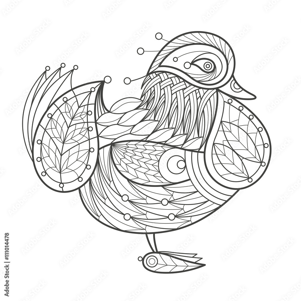 Adult coloring. Bird mandarin duck. Stock Vector | Adobe Stock