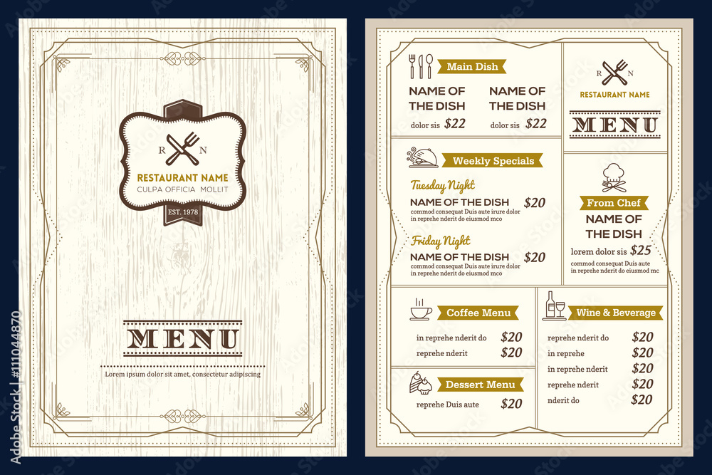 Restaurant or cafe menu design template with vintage retro art deco ...