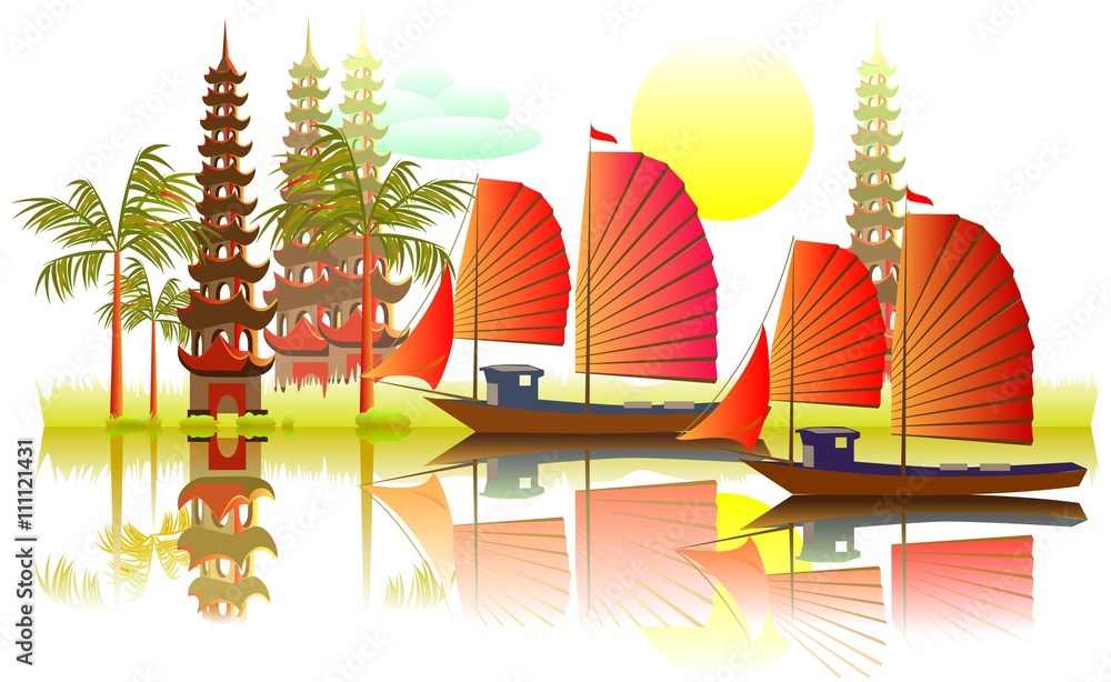 Illustration of fantasy Asian landscape, vector cartoon image. Stock ...