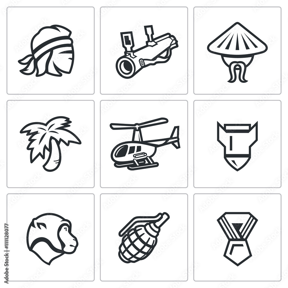 Vector Set of The Vietnam War Icons. Soldier, grenade launcher ...