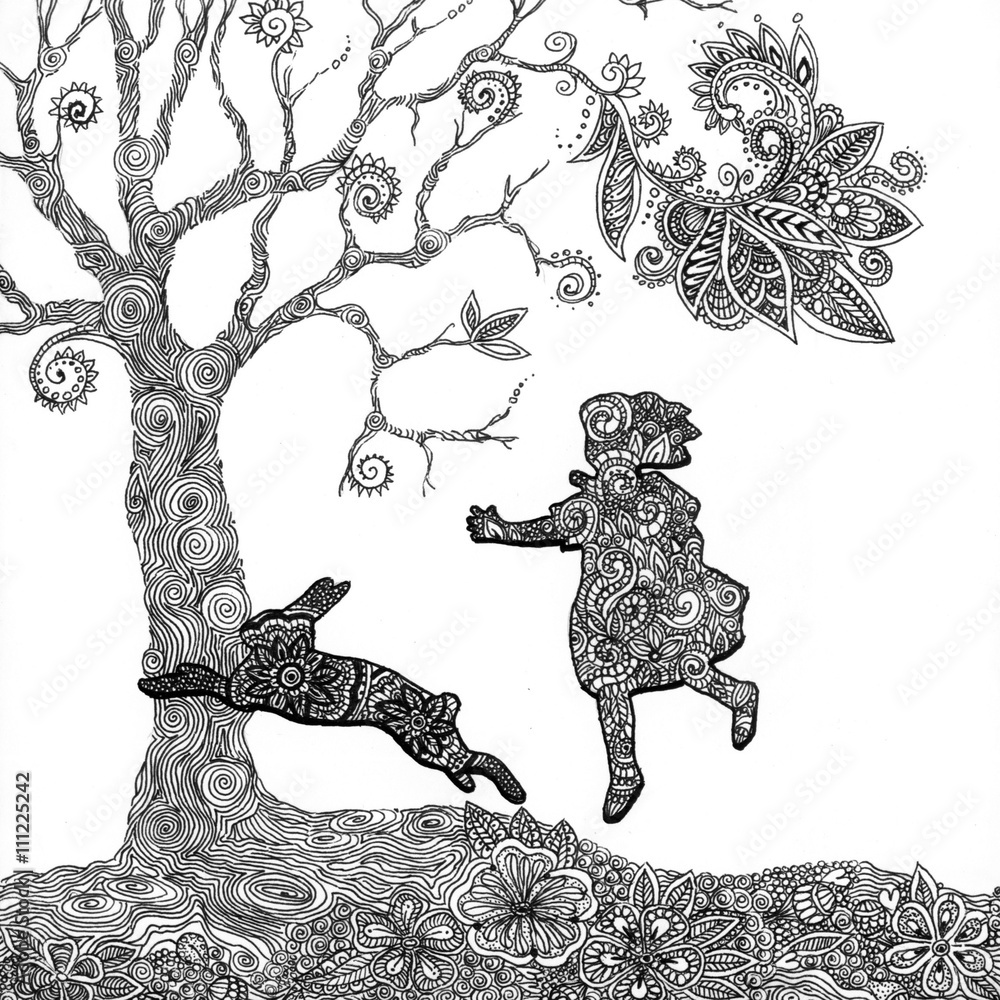 the alice in wonderland story hand drawn outline with texture isolated ...