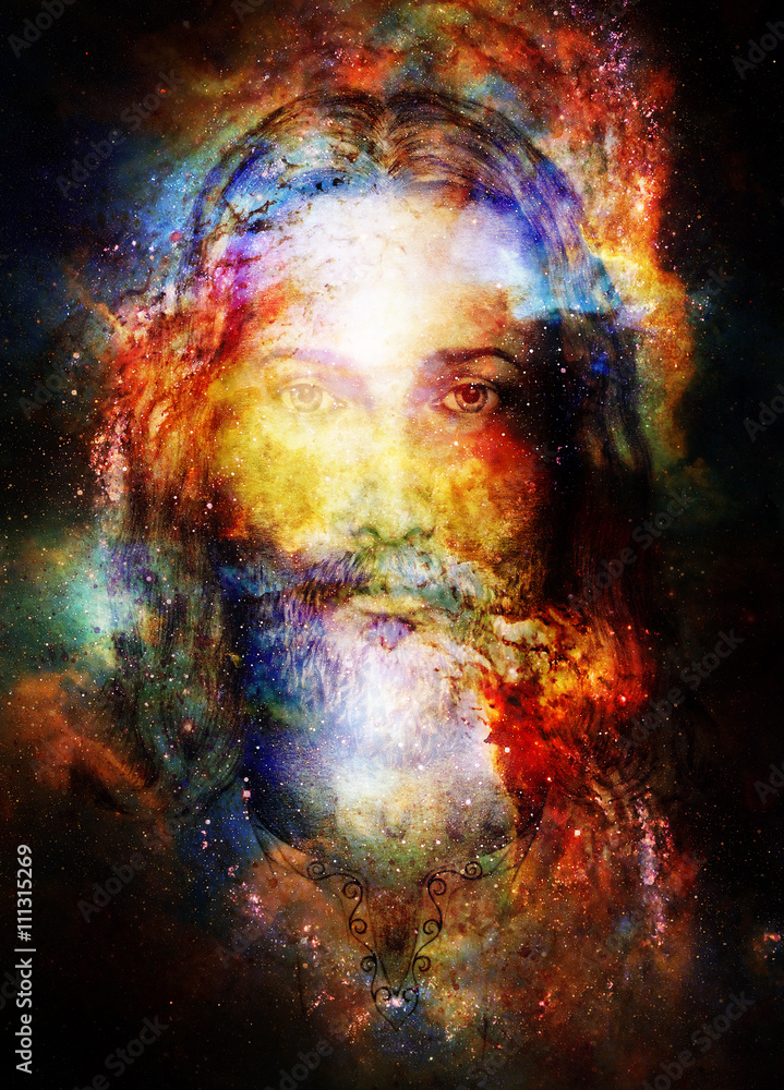 Jesus Christ painting with radiant colorful energy of light in cosmic ...