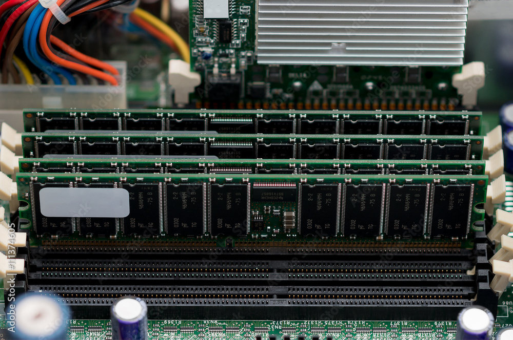 Inside of server pc. Motherboard and RAM memory. Stock Photo | Adobe Stock