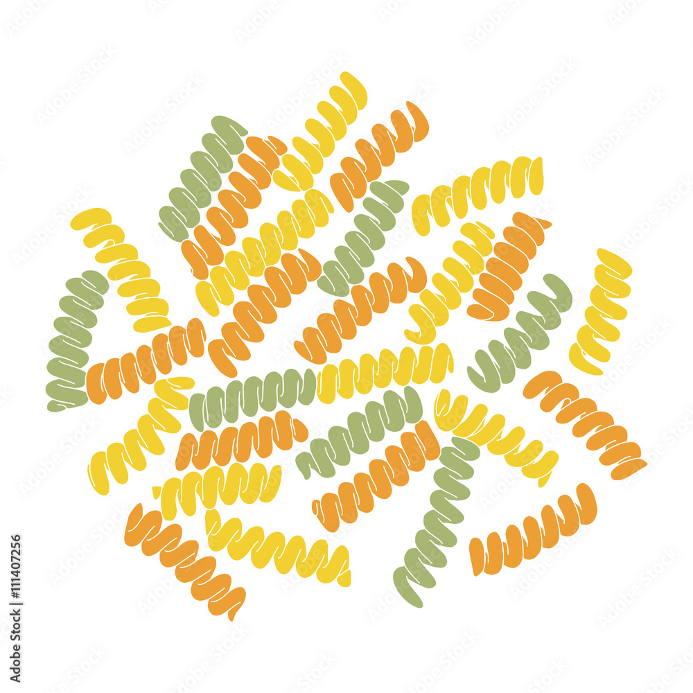 Tricolor fusilli pasta on the white background. Vector hand drawn food ...