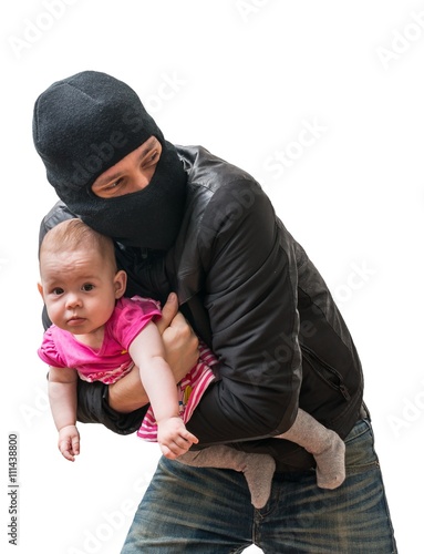 Thief is stealing kidnapped baby. Children kidnapping concept. Isolated ...