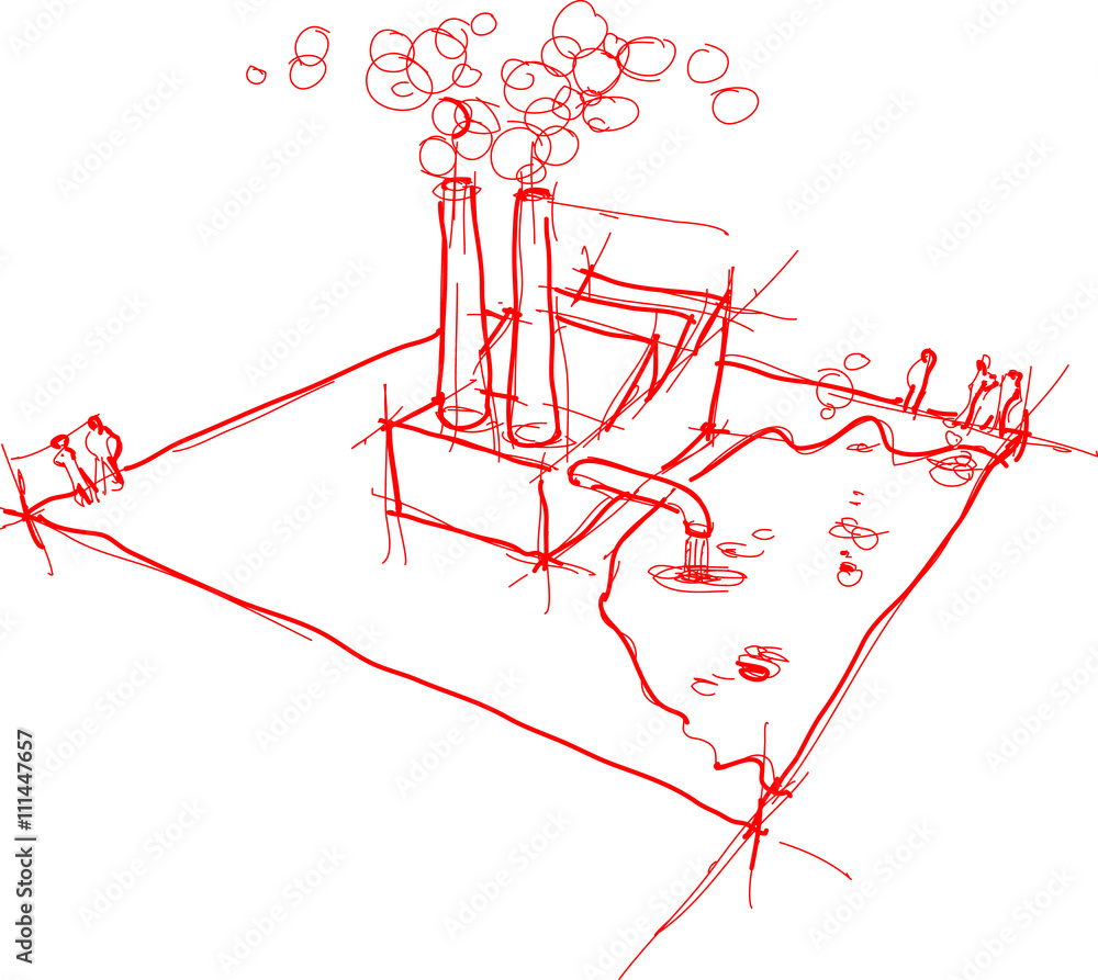 architectural sketch or hand drawing of factory or industrial building ...