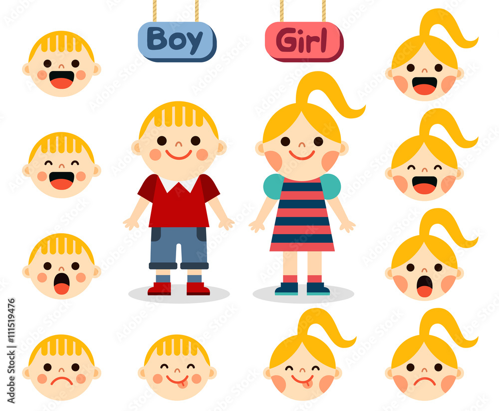 Cute girl and boy with faces showing different emotions Stock Vector ...