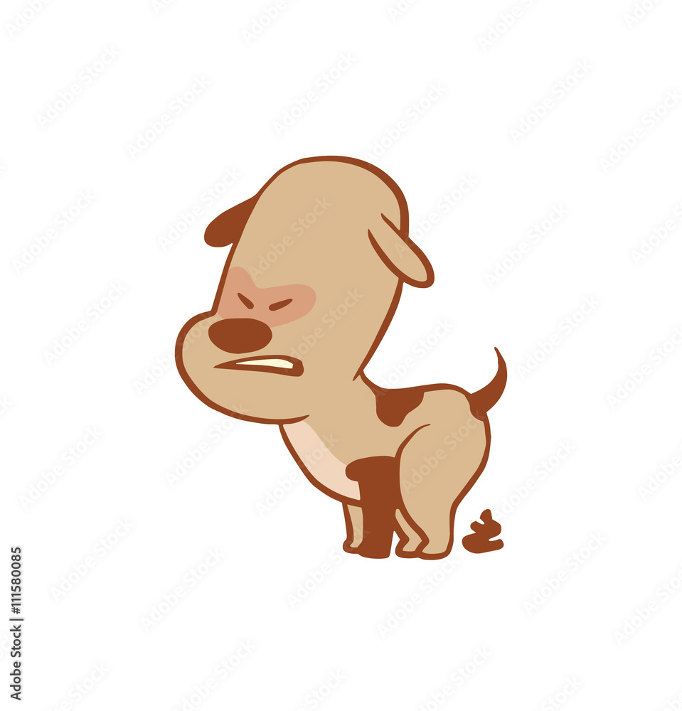 Vector cartoon image of a funny little dog light brown color pooping on ...