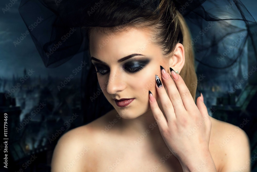 Young beautiful girl,woman, lady,witch, black bride, widow. Night ...