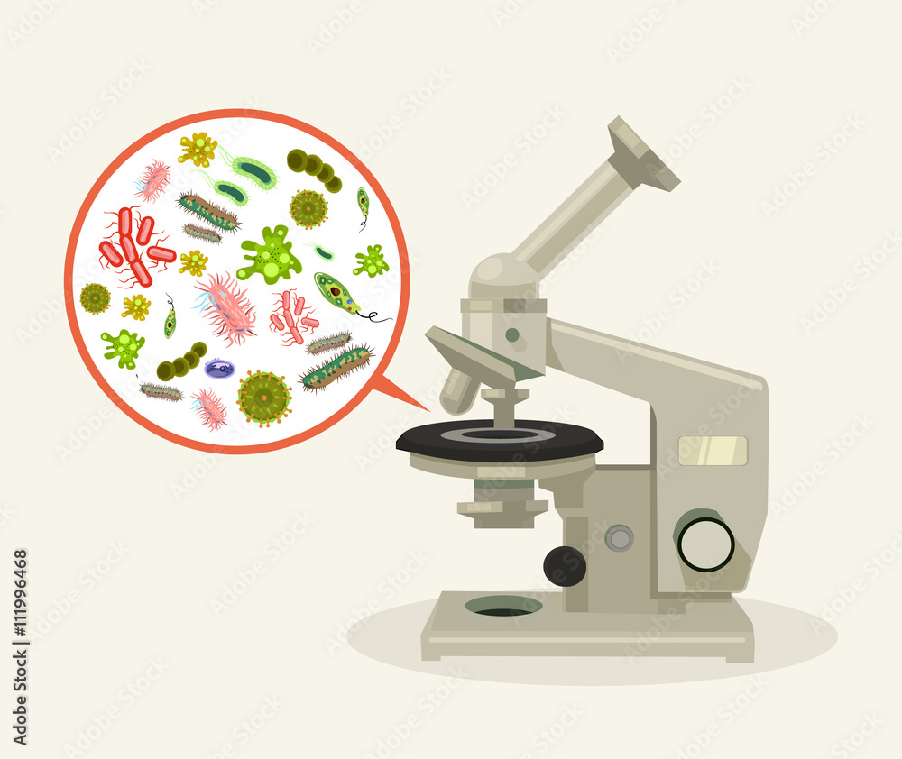 Microorganisms under microscope. Vector flat cartoon illustration Stock ...