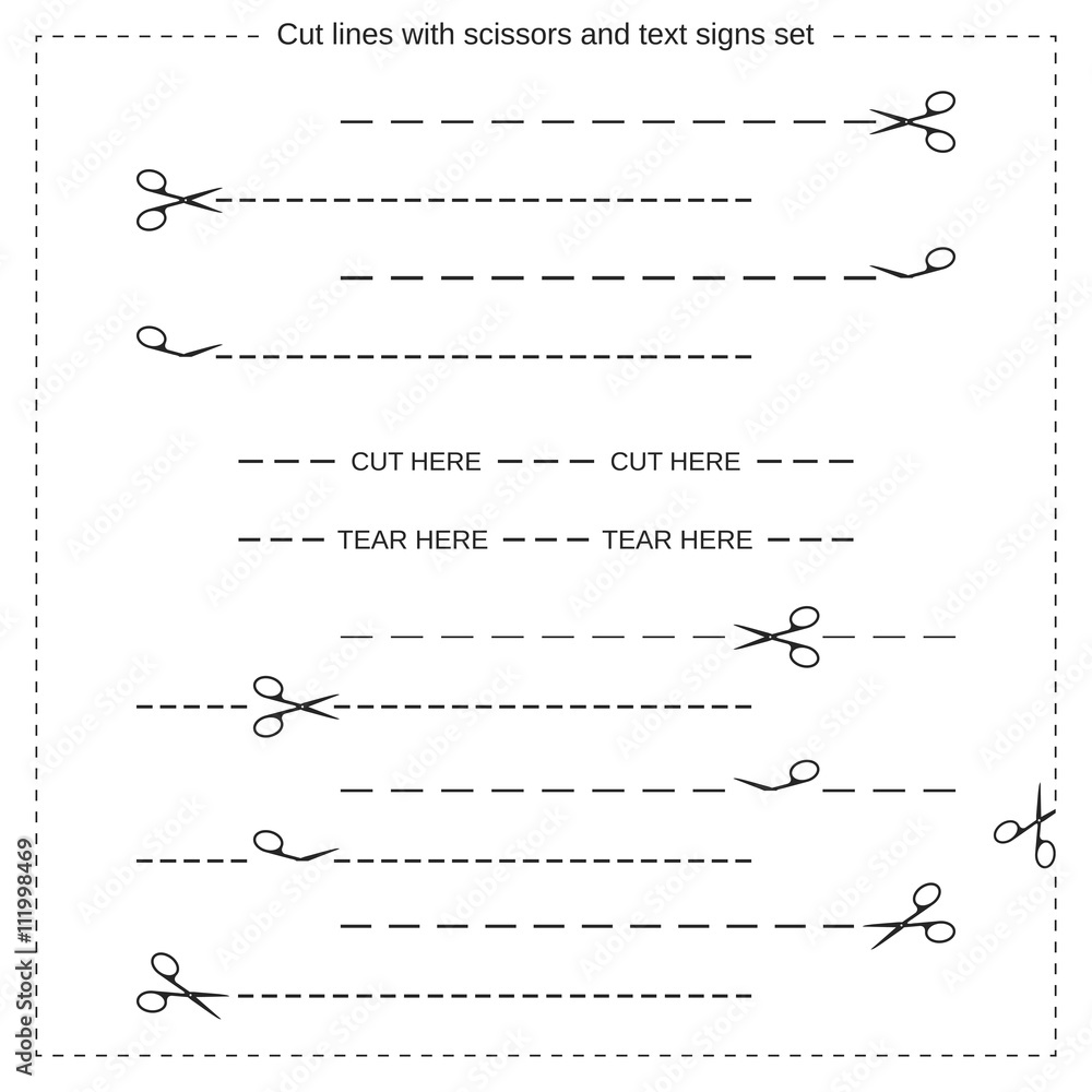 Vector illustration of 12 cut lines with scissors and text signs "Cut ...