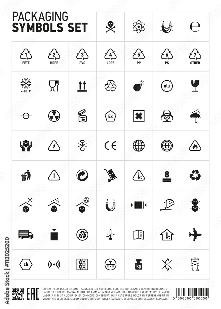 Packaging symbols set vector icon. Recyclable emblem. Use only the ...