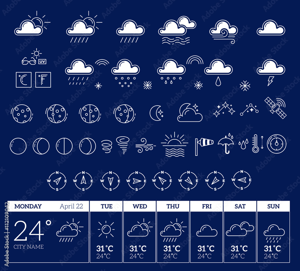 Vector illustration of white weather theme big icon set with wee Stock ...