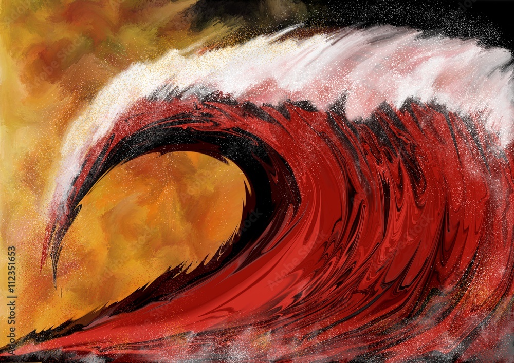 Vague rouge déferlante de tempête sur fond embrasé évoquant la ...