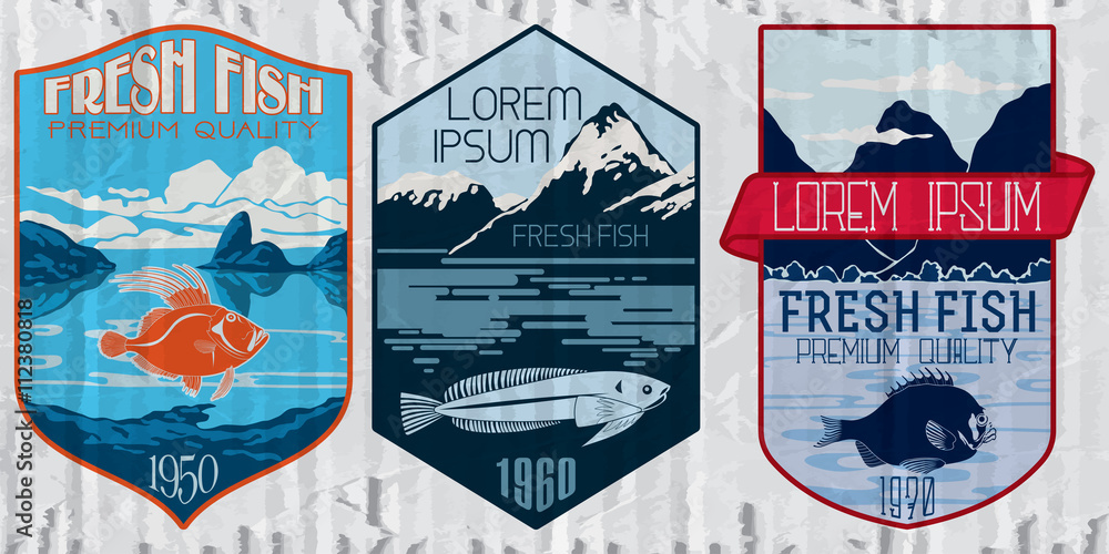 Vintage set of fish - vector. Logo, badge or label design template ...