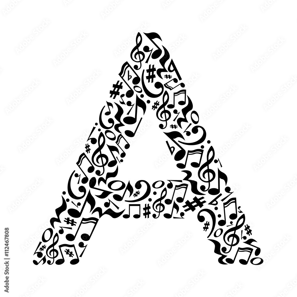 A letter made of musical notes on white background. Alphabet for art ...