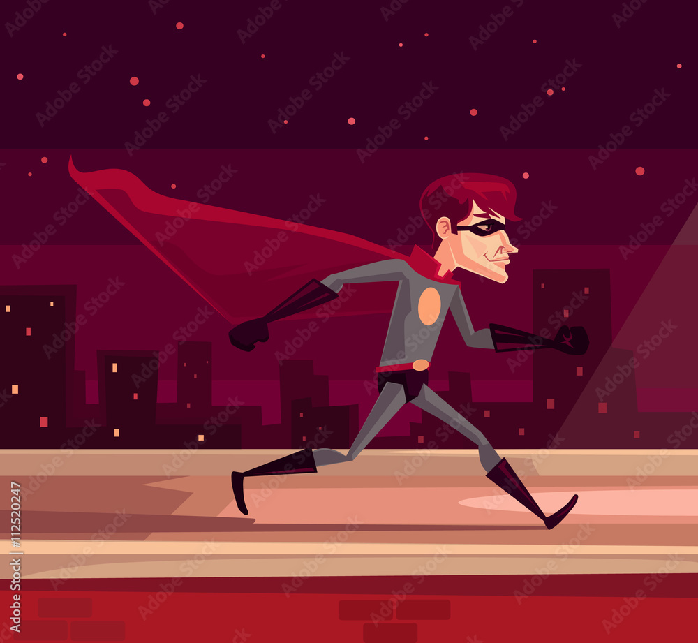Superhero running. Thin superhero run across roof. Comic superhero man ...