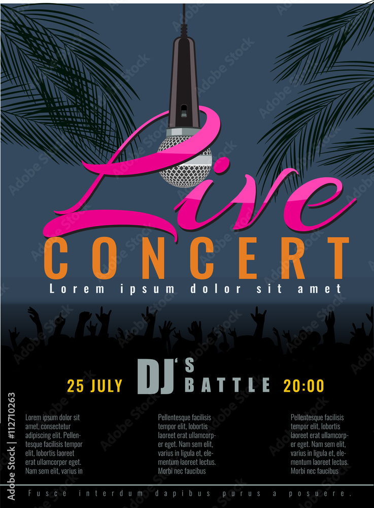Summer Beach live concert and DJ Party Flyer or poster with flat color ...