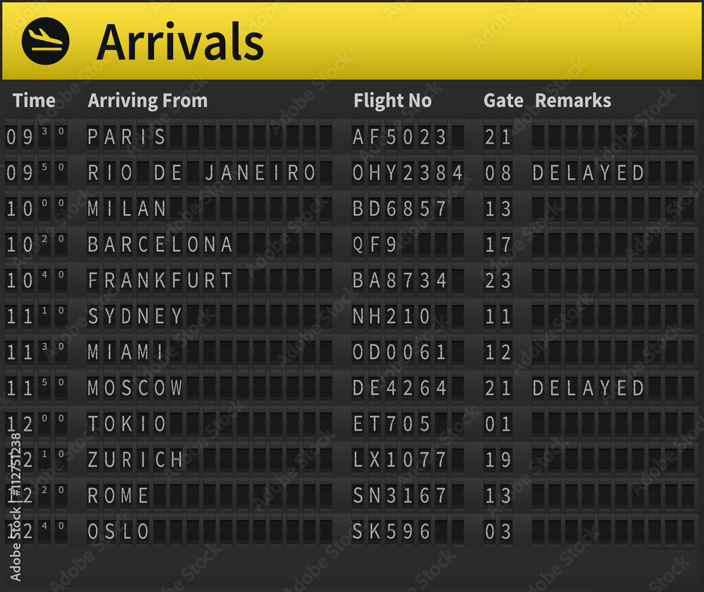 Airport timetable showing arrival times. Worldwide arrivals shown ...