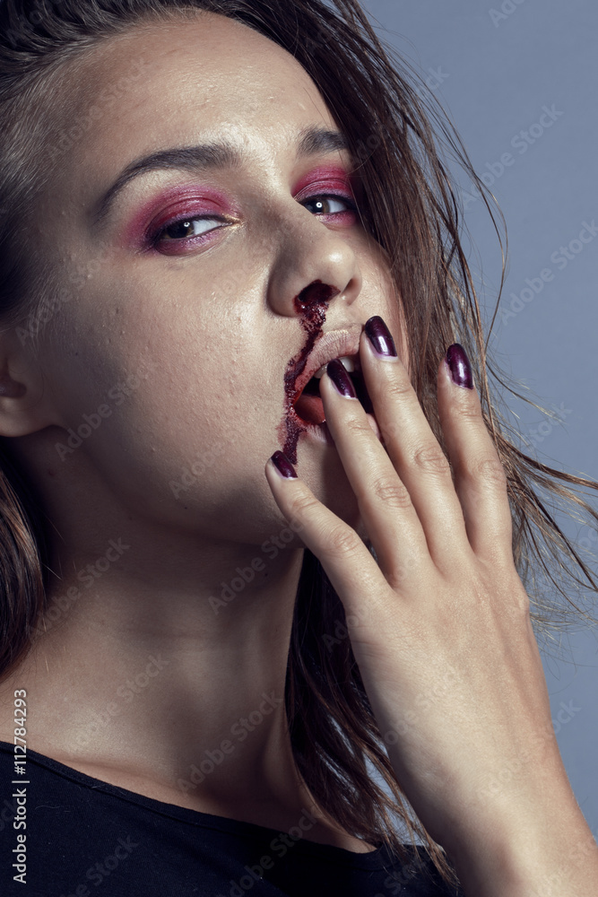 problem depressioned teenager with bleeding nose, real junky close up ...