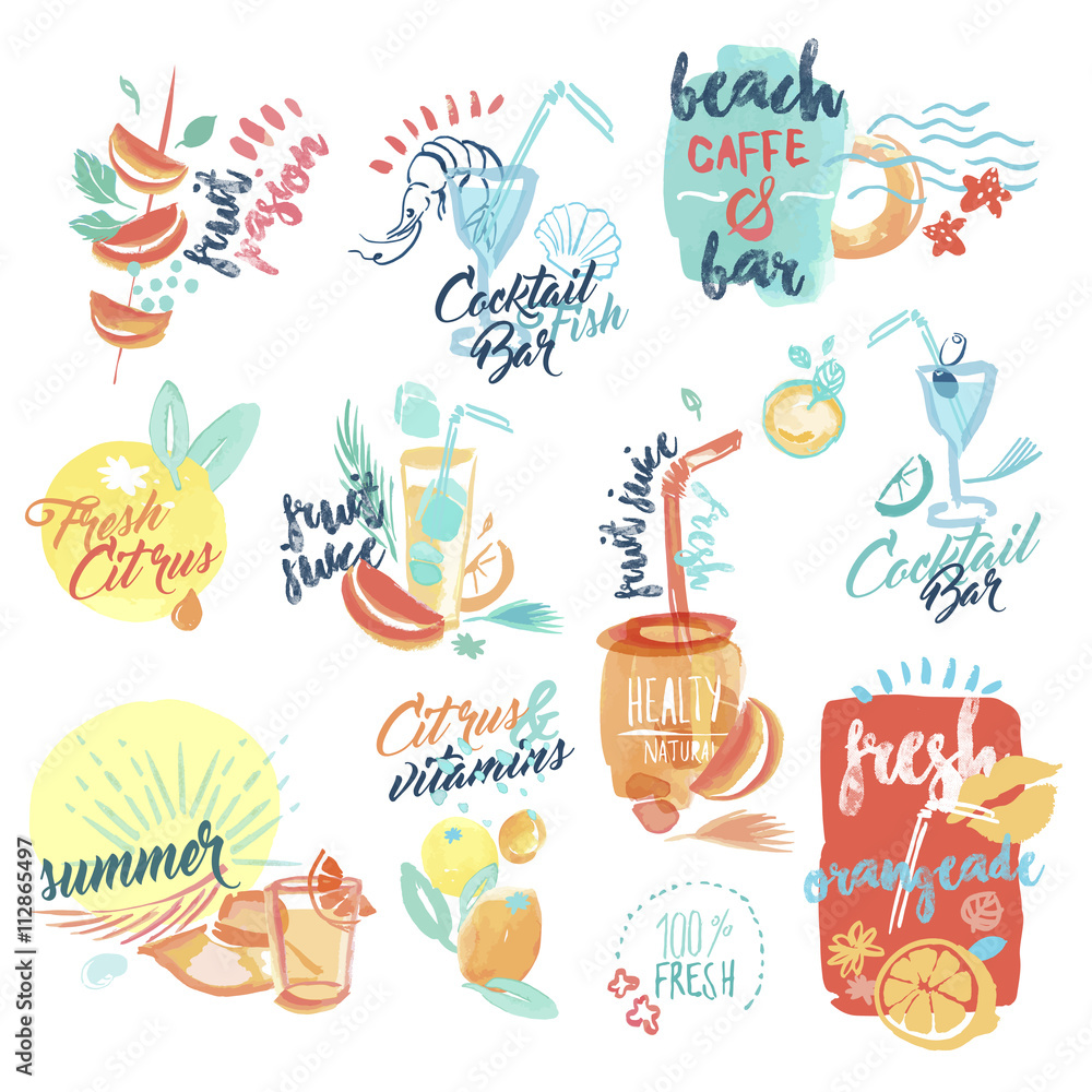 Hand drawn watercolor labels and stickers of fresh fruit juice and ...