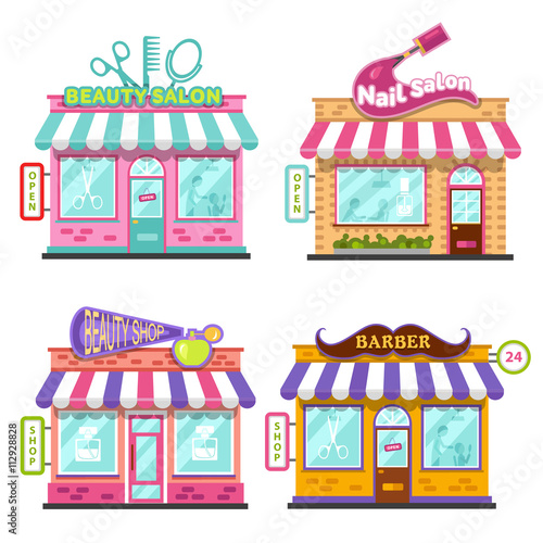 Set of different nice shops with beautiful signboards: beauty salon ...