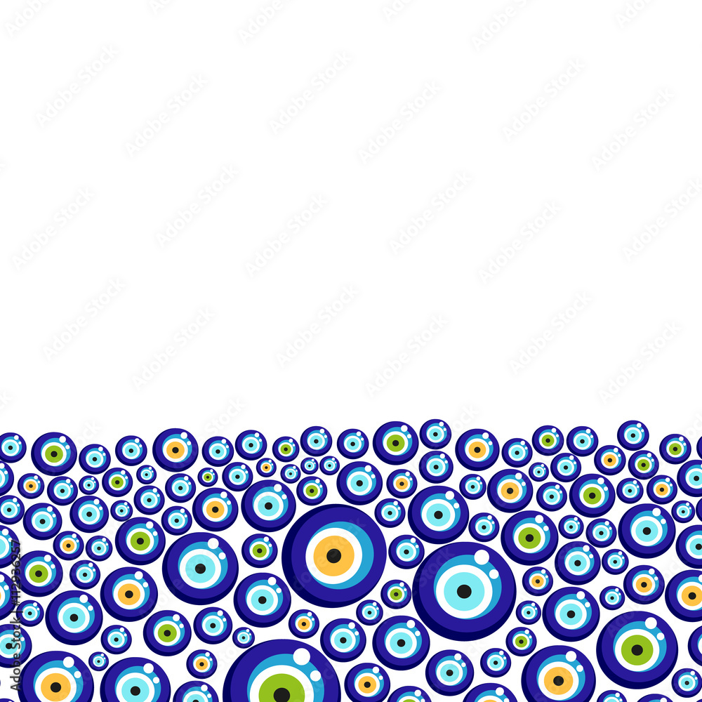 Evil eye vector pattern frame banner, border Turkish bead background ...