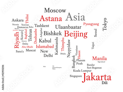 Word cloud in a shape of continent contains all Asian capitals ...
