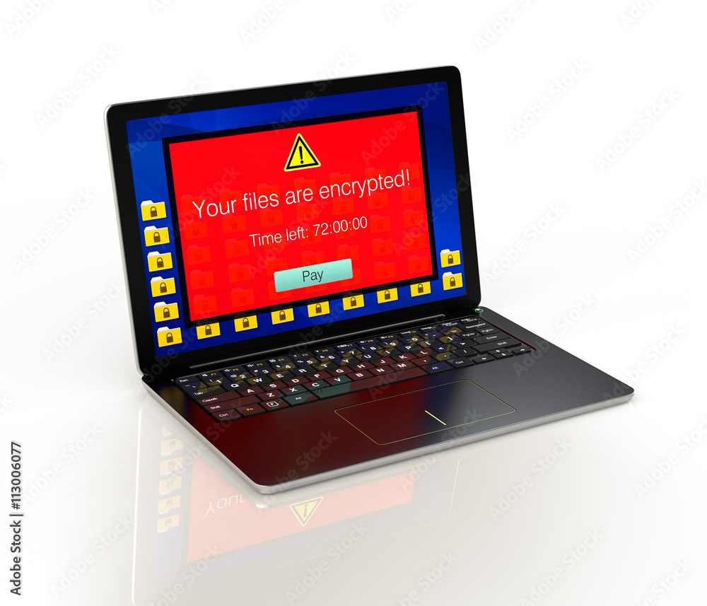 Screen of laptop computer showing alert that the computer was attacked ...