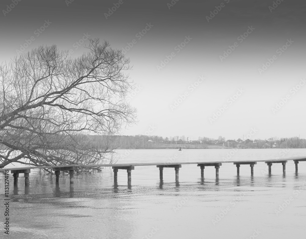 Horizontal bright black and white bridge on river background bac Stock ...