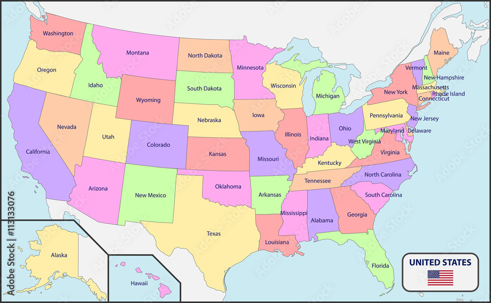 Political Map of USA with Names Stock Vector | Adobe Stock