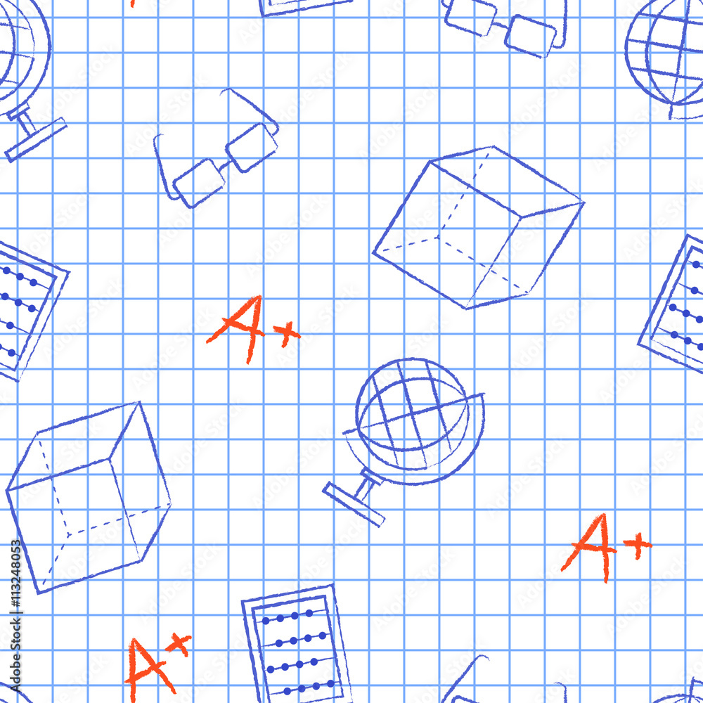 Seamless pattern back to school. Vector White sheet blue squared writing ink globe, glasses ...