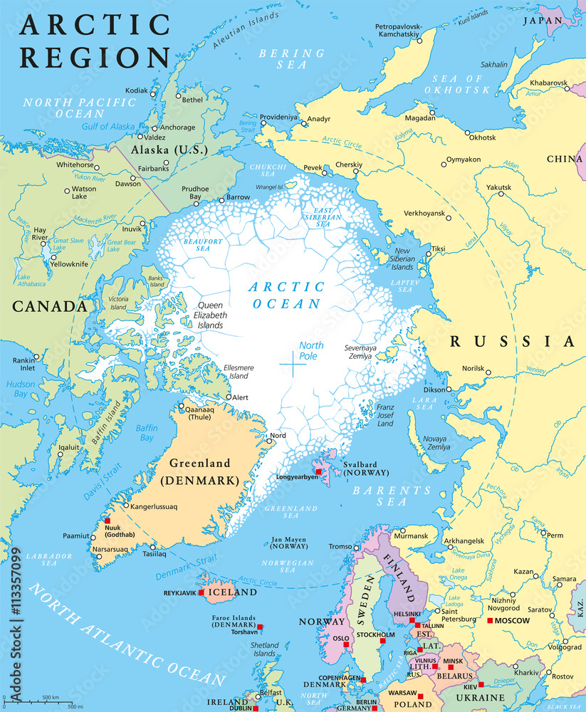 Arctic region political map with countries, capitals, national borders ...