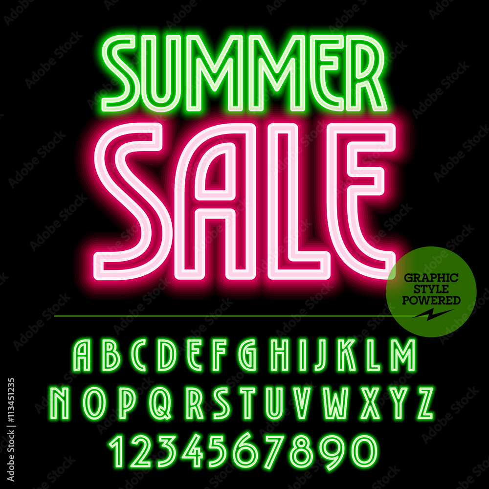 Neon bright set of alphabet letters, numbers and punctuation symbols. Vector light up colorful ...