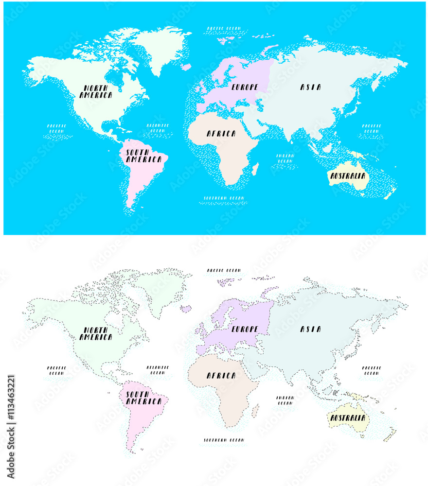 World Map Continents Pastel Hand Drawn Style / Vector of World Map with ...