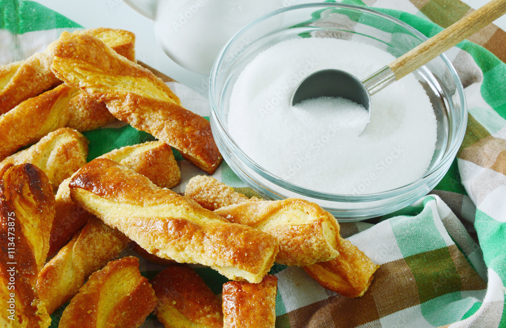Puff Pastry Menu. sugar puff pastry stick in the glass Jar. Stock Photo ...