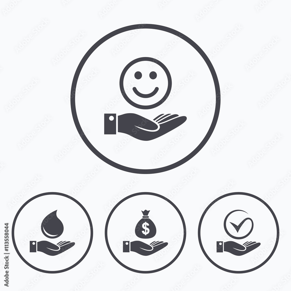 Smile and hand icon. Water drop, Tick symbol. Stock Vector | Adobe Stock