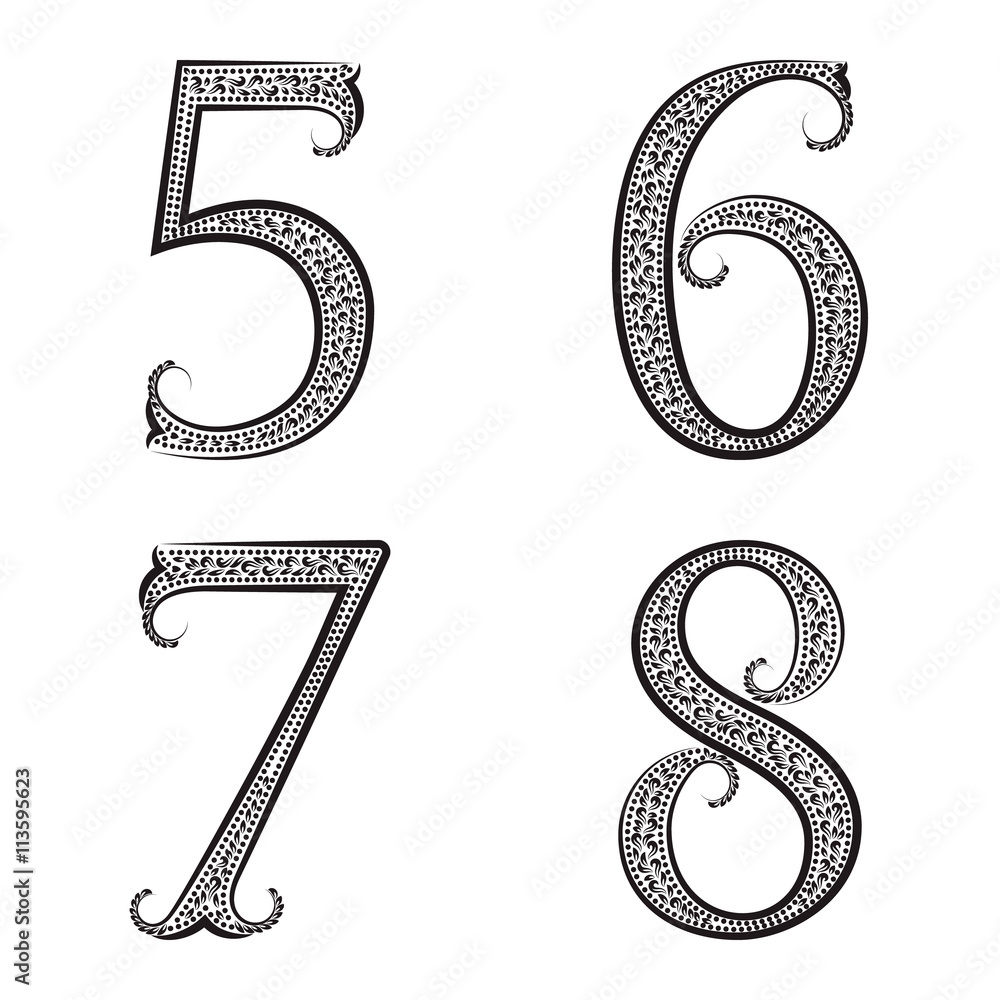 Five, six, seven, eight vintage patterned numbers. Font in floral ...