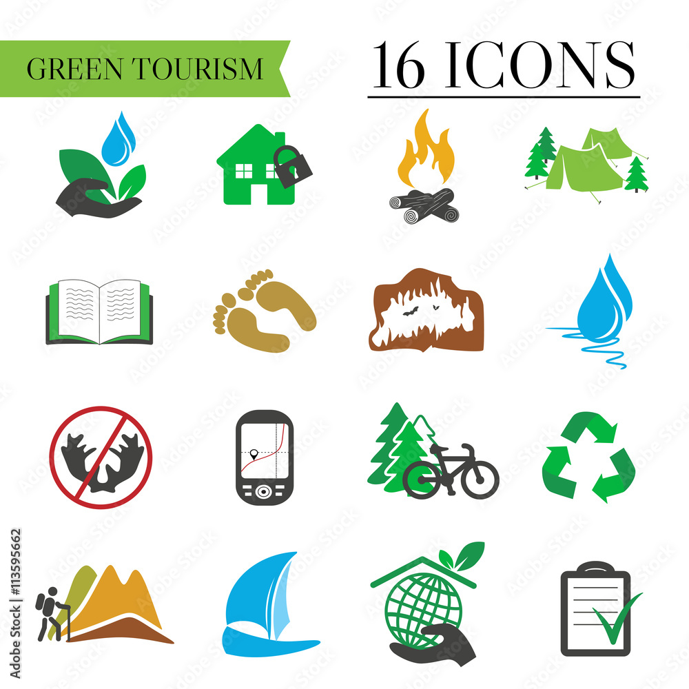 Vector icons set of green tourism, recreation, outdoor and camping ...