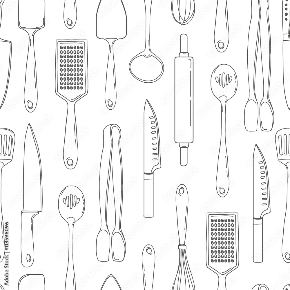 Seamless background with a pattern of outline cutlery. Vertical pattern ...