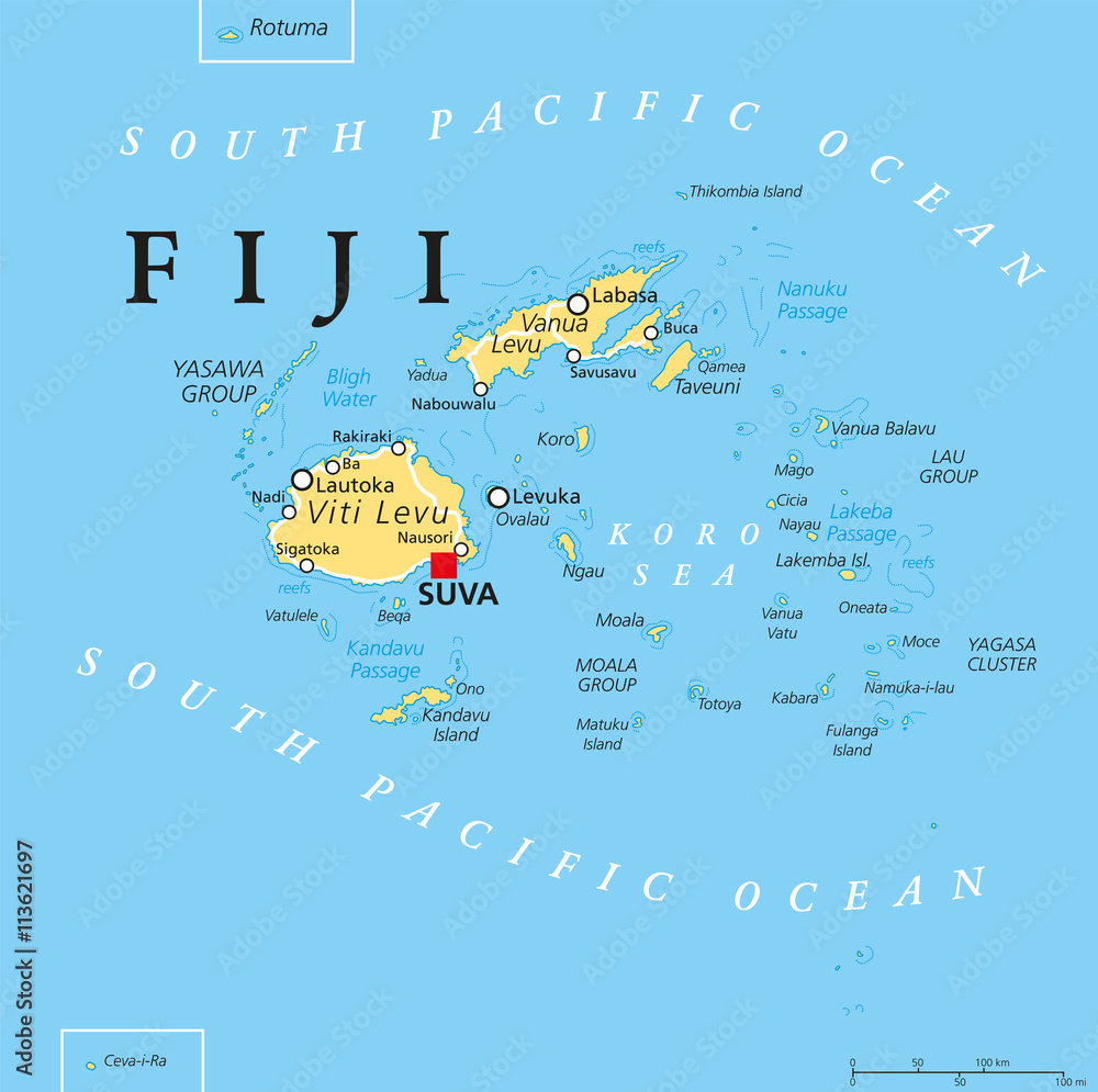 Fiji political map with capital Suva, islands, important cities and ...