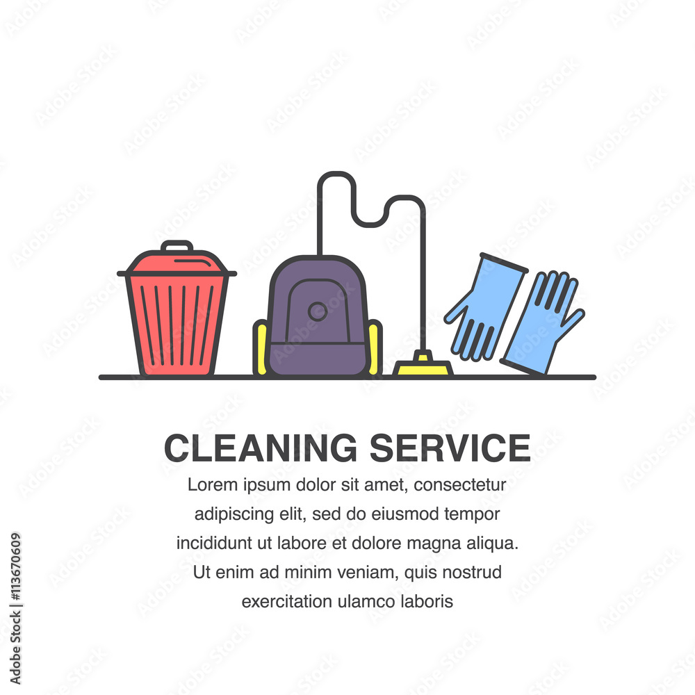 Cleaning service banner design for advertisement with trash bin, vacuum ...