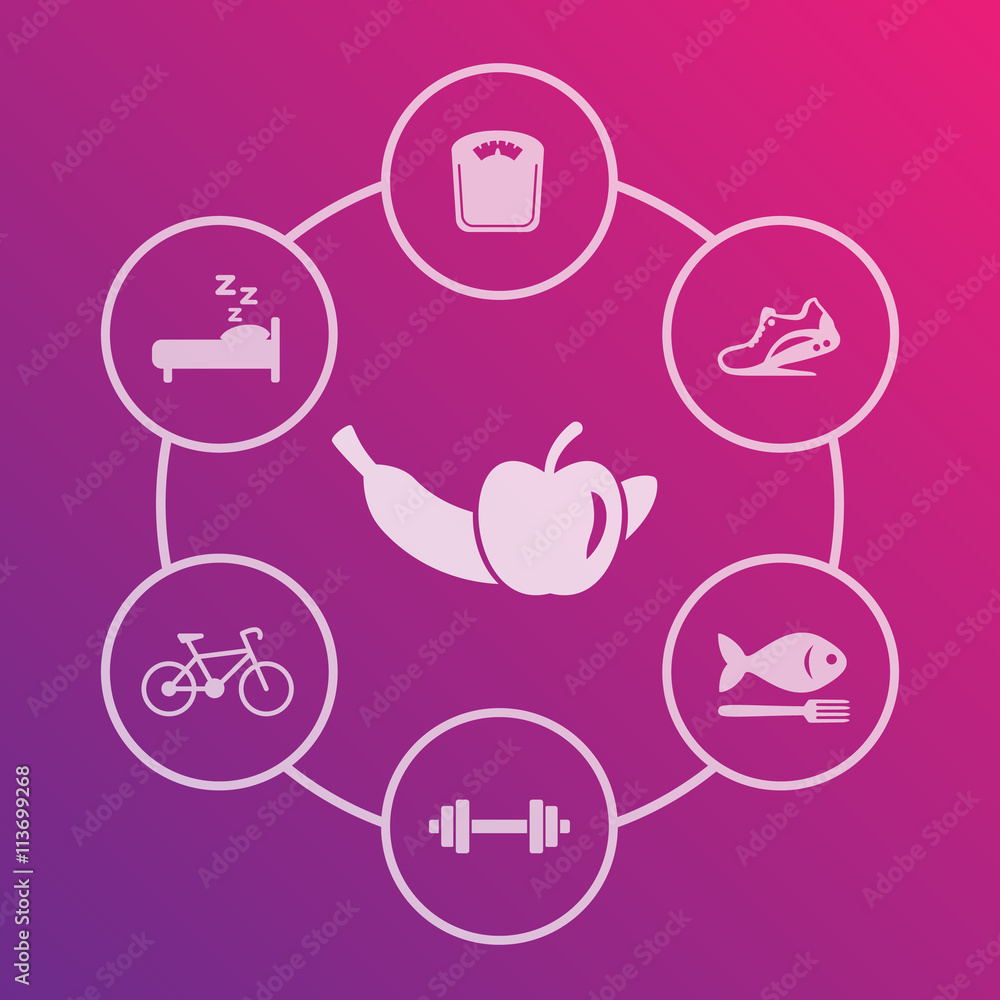 Healthy lifestyle icons, diet, sleeping, fitness activity, relaxation ...