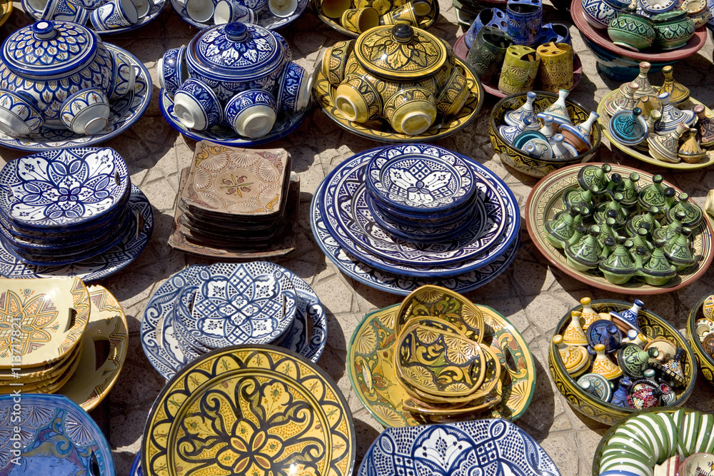Morocco. Safi - the potters' quarter. The typical coloured Safi pottery ...