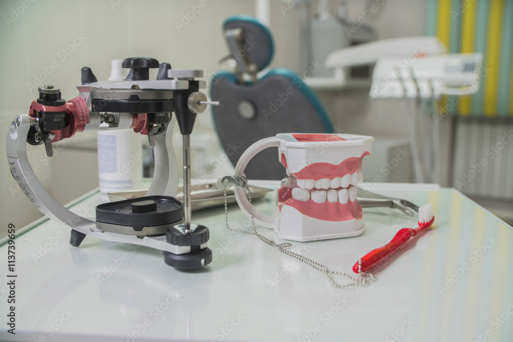 teeth layout for the dentist with a toothbrush. still life on the ...