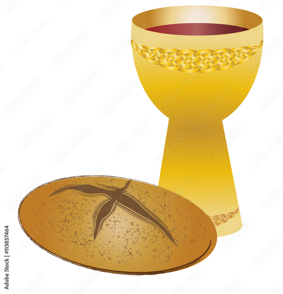 Eucharist symbols of bread and wine, chalice and host. FIrst communion ...