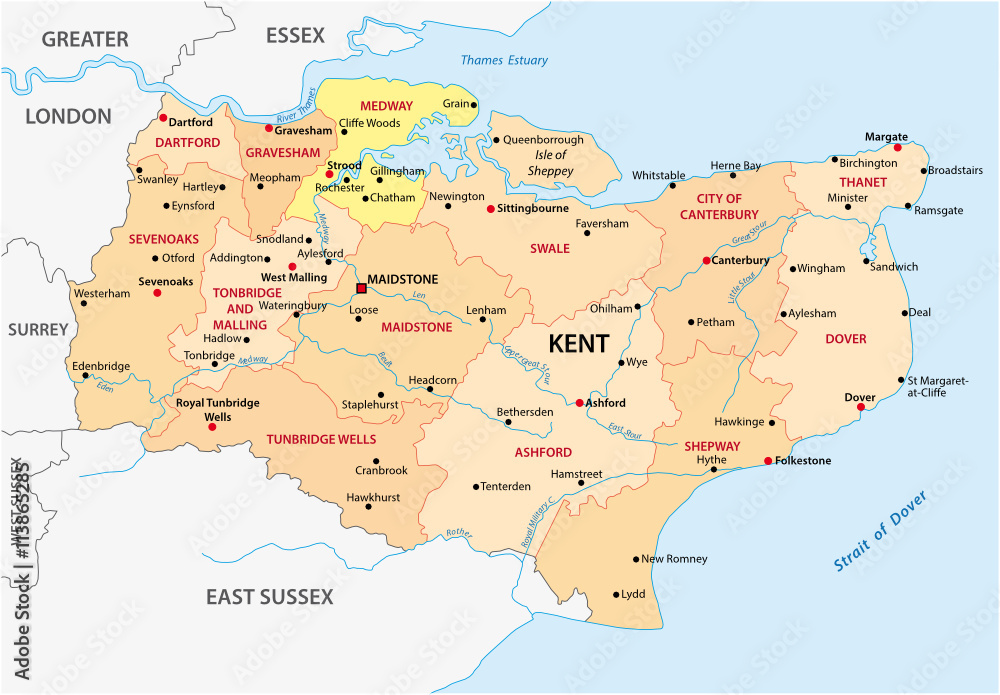 vector administrative map of the county Kent, england Stock Vector ...