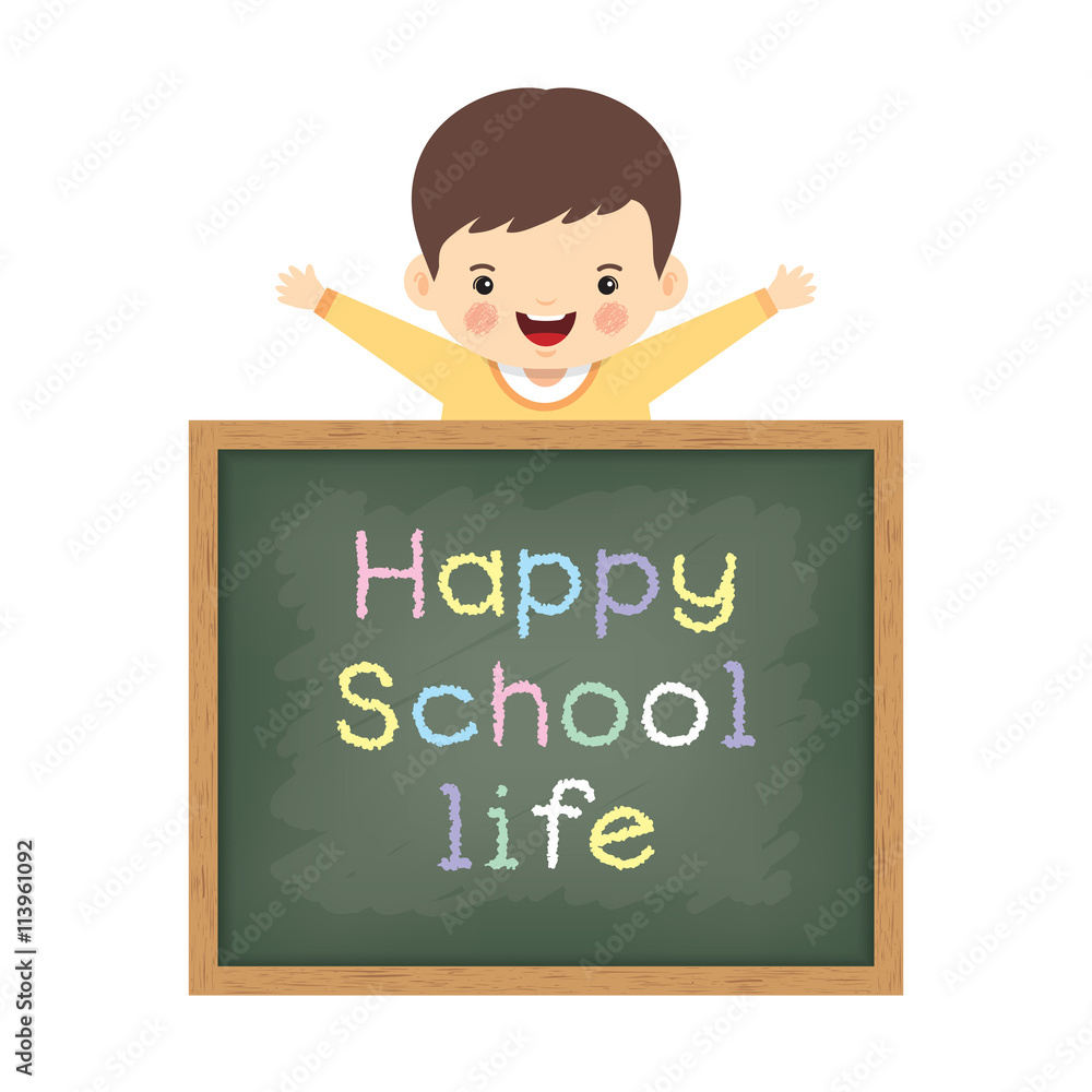 Vector illustration of little cute boy and chalkboard written "Happy ...