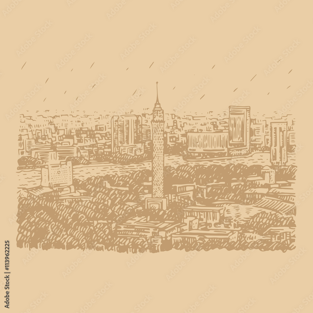 Cairo Tower in Egypt with the Nile River view. Hand drawn sketch ...