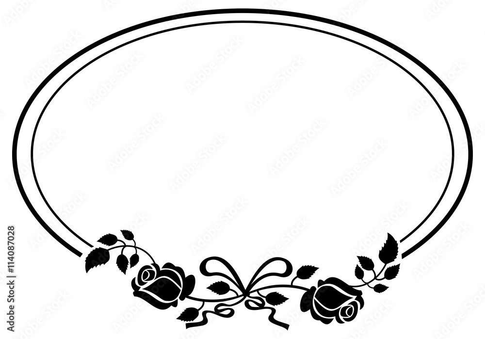 Oval black and white frame with roses silhouettes. Vector clip art ...